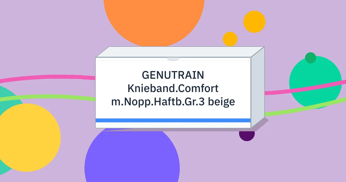 Symbolbild: Packung mit der Aufschrift GENUTRAIN Knieband.Comfort m.Nopp.Haftb.Gr.3 beige (PZN 20040007) – Verfügbarkeit und Bezug in Apotheken in Frankfurt am Main