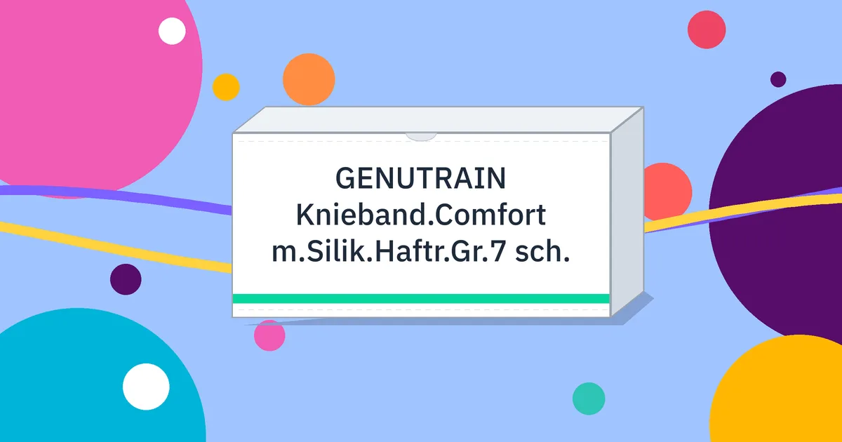 Symbolbild: Packung mit der Aufschrift GENUTRAIN Knieband.Comfort m.Silik.Haftr.Gr.7 sch. (PZN 12517441) – Verfügbarkeit und Bezug in Apotheken in Frankfurt am Main