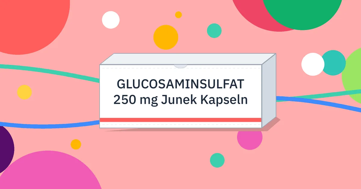 Symbolbild: Packung mit der Aufschrift GLUCOSAMINSULFAT 250 mg Junek Kapseln (PZN 01034260) – Verfügbarkeit und Bezug in Apotheken in Frankfurt am Main