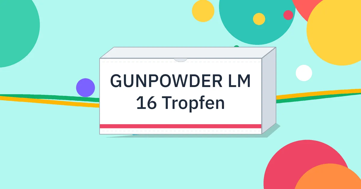 Symbolbild: Packung mit der Aufschrift GUNPOWDER LM 16 Tropfen (PZN 15823658) – Verfügbarkeit und Bezug in Apotheken in Frankfurt am Main