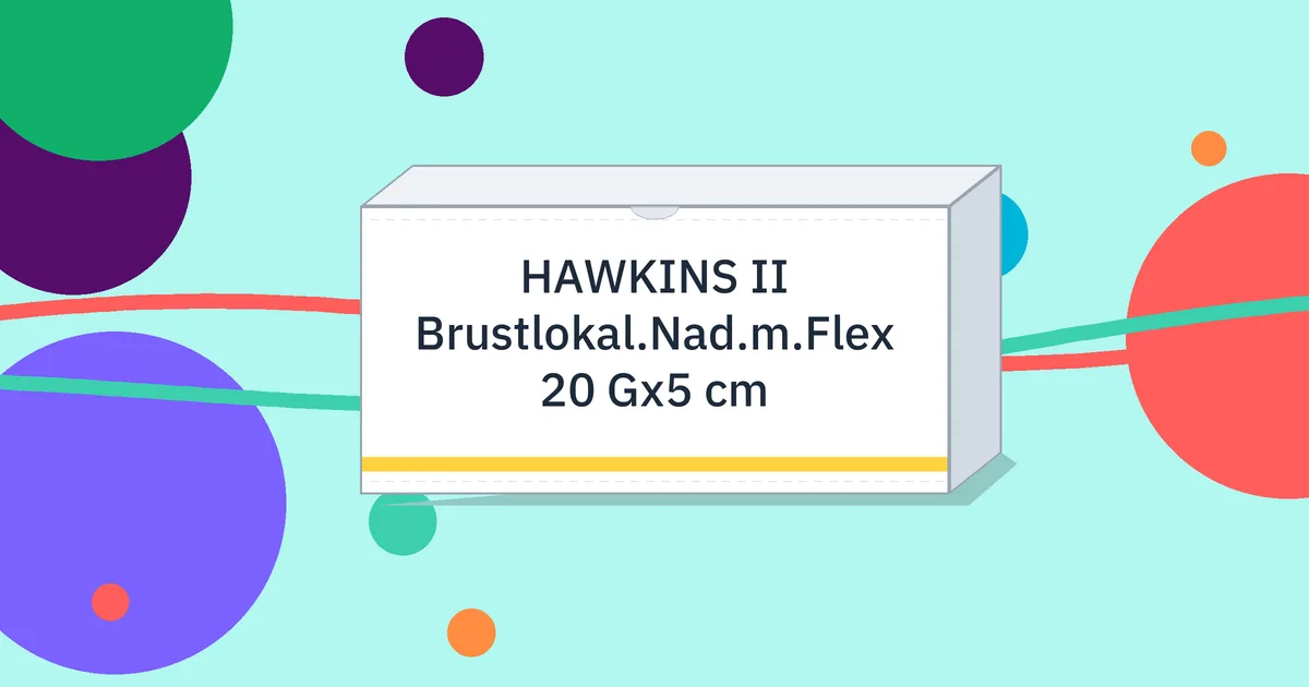 Symbolbild: Packung mit der Aufschrift HAWKINS II Brustlokal.Nad.m.Flex 20 Gx5 cm (PZN 06772117) – Verfügbarkeit und Bezug in Apotheken in Frankfurt am Main