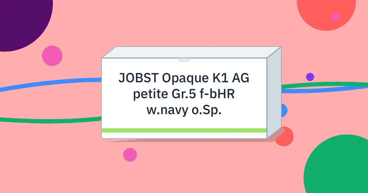 Symbolbild: Packung mit der Aufschrift JOBST Opaque K1 AG petite Gr.5 f-bHR w.navy o.Sp. (PZN 13087729) – Verfügbarkeit und Bezug in Apotheken in Frankfurt am Main