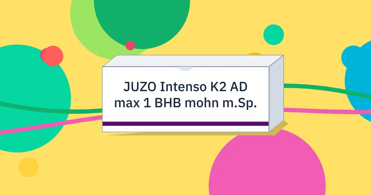 Symbolbild: Packung mit der Aufschrift JUZO Intenso K2 AD max 1 BHB mohn m.Sp. (PZN 18616463) – Verfügbarkeit und Bezug in Apotheken in Frankfurt am Main