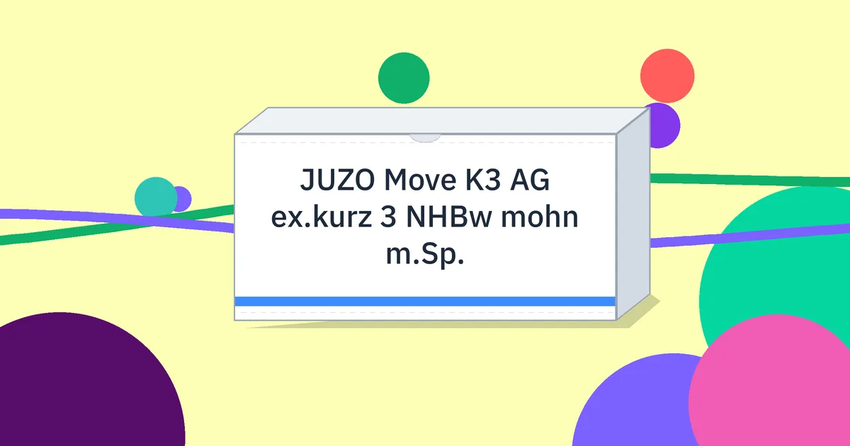 Symbolbild: Packung mit der Aufschrift JUZO Move K3 AG ex.kurz 3 NHBw mohn m.Sp. (PZN 18594365) – Verfügbarkeit und Bezug in Apotheken in Frankfurt am Main