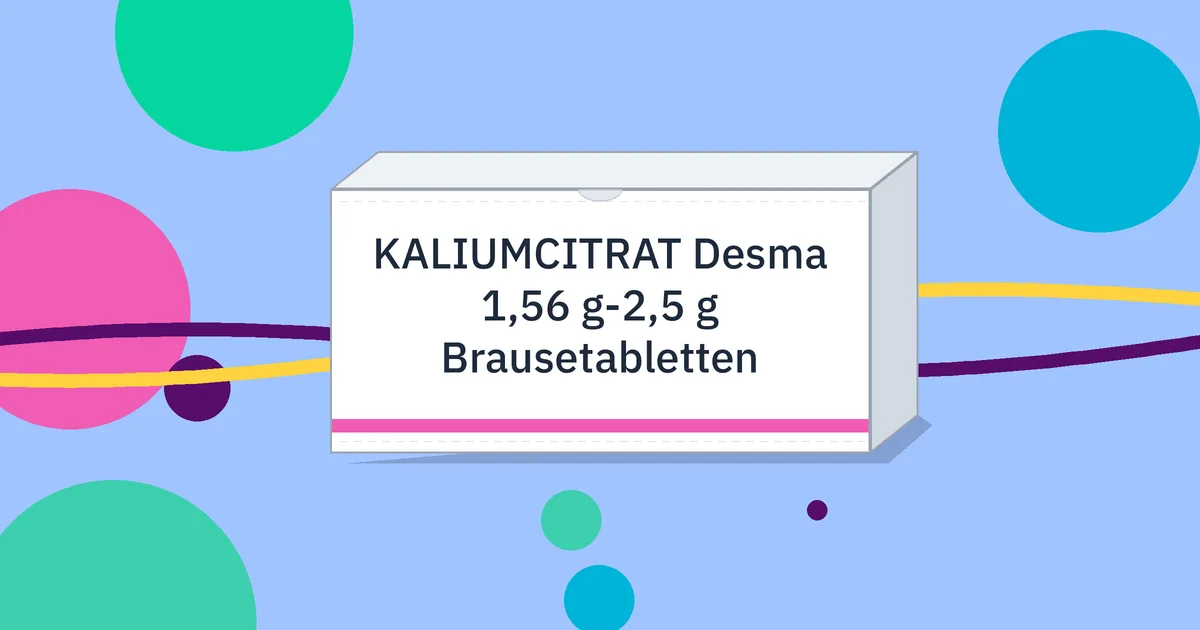 Symbolbild: Packung mit der Aufschrift KALIUMCITRAT Desma 1,56 g-2,5 g Brausetabletten (PZN 09717780) – Verfügbarkeit und Bezug in Apotheken in Frankfurt am Main