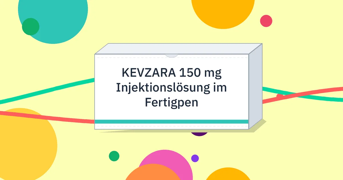 Symbolbild: Packung mit der Aufschrift KEVZARA 150 mg Injektionslösung im Fertigpen (PZN 19297540) – Verfügbarkeit und Bezug in Apotheken in Frankfurt am Main