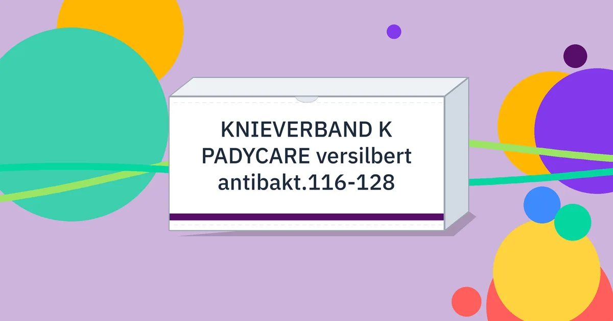 Symbolbild: Packung mit der Aufschrift KNIEVERBAND K PADYCARE versilbert antibakt.116-128 (PZN 10939988) – Verfügbarkeit und Bezug in Apotheken in Frankfurt am Main