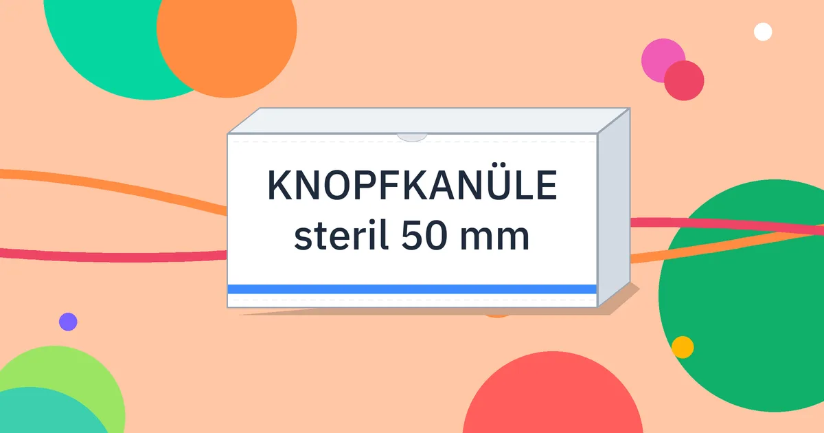 Symbolbild: Packung mit der Aufschrift KNOPFKANÜLE steril 50 mm (PZN 16778718) – Verfügbarkeit und Bezug in Apotheken in Frankfurt am Main