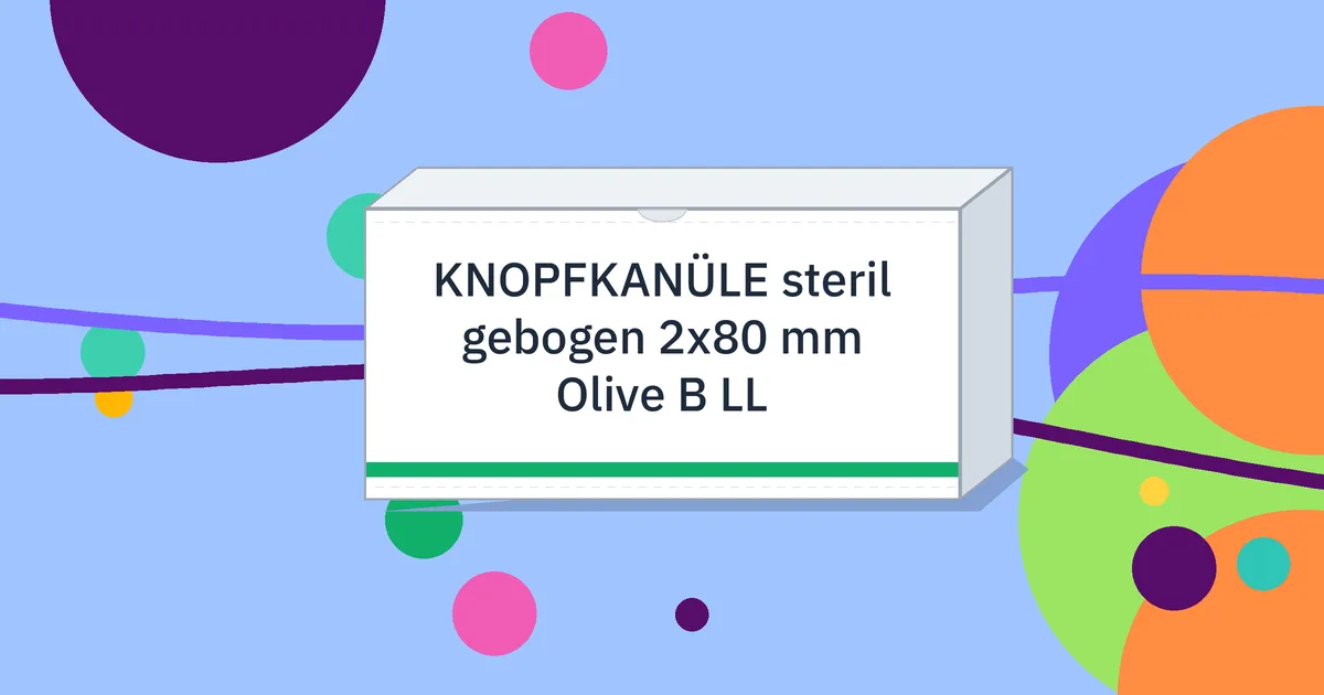 Symbolbild: Packung mit der Aufschrift KNOPFKANÜLE steril gebogen 2x80 mm Olive B LL (PZN 19978085) – Verfügbarkeit und Bezug in Apotheken in Frankfurt am Main