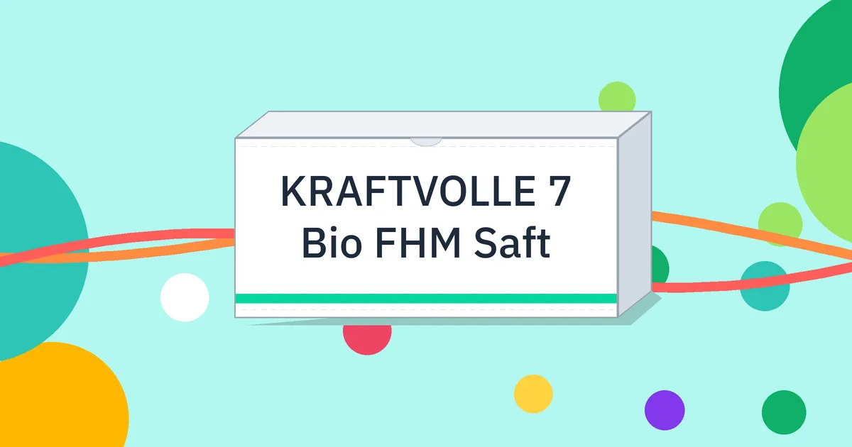Symbolbild: Packung mit der Aufschrift KRAFTVOLLE 7 Bio FHM Saft (PZN 14384926) – Verfügbarkeit und Bezug in Apotheken in Frankfurt am Main