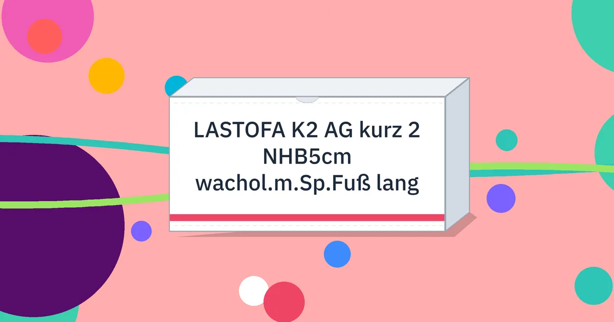 Symbolbild: Packung mit der Aufschrift LASTOFA K2 AG kurz 2 NHB5cm wachol.m.Sp.Fuß lang (PZN 13803255) – Verfügbarkeit und Bezug in Apotheken in Frankfurt am Main