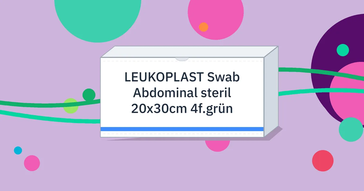 Symbolbild: Packung mit der Aufschrift LEUKOPLAST Swab Abdominal steril 20x30cm 4f.grün (PZN 17208058) – Verfügbarkeit und Bezug in Apotheken in Frankfurt am Main