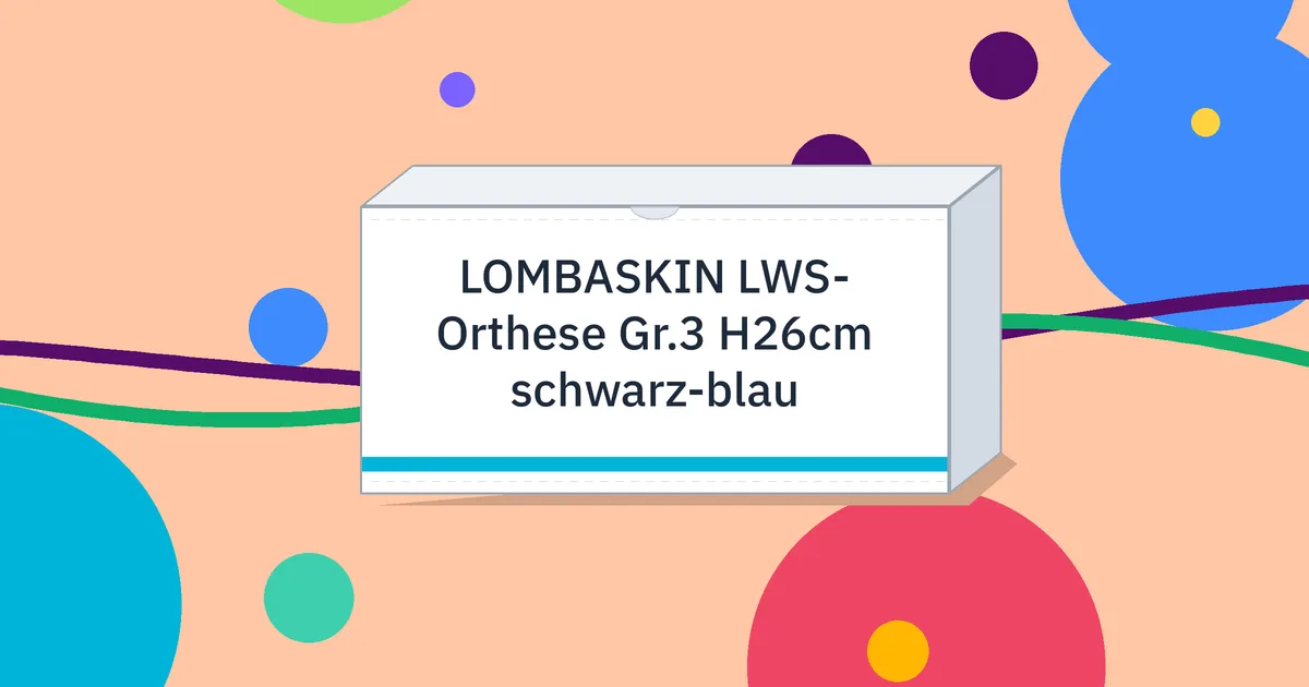 Symbolbild: Packung mit der Aufschrift LOMBASKIN LWS-Orthese Gr.3 H26cm schwarz-blau (PZN 18602863) – Verfügbarkeit und Bezug in Apotheken in Frankfurt am Main