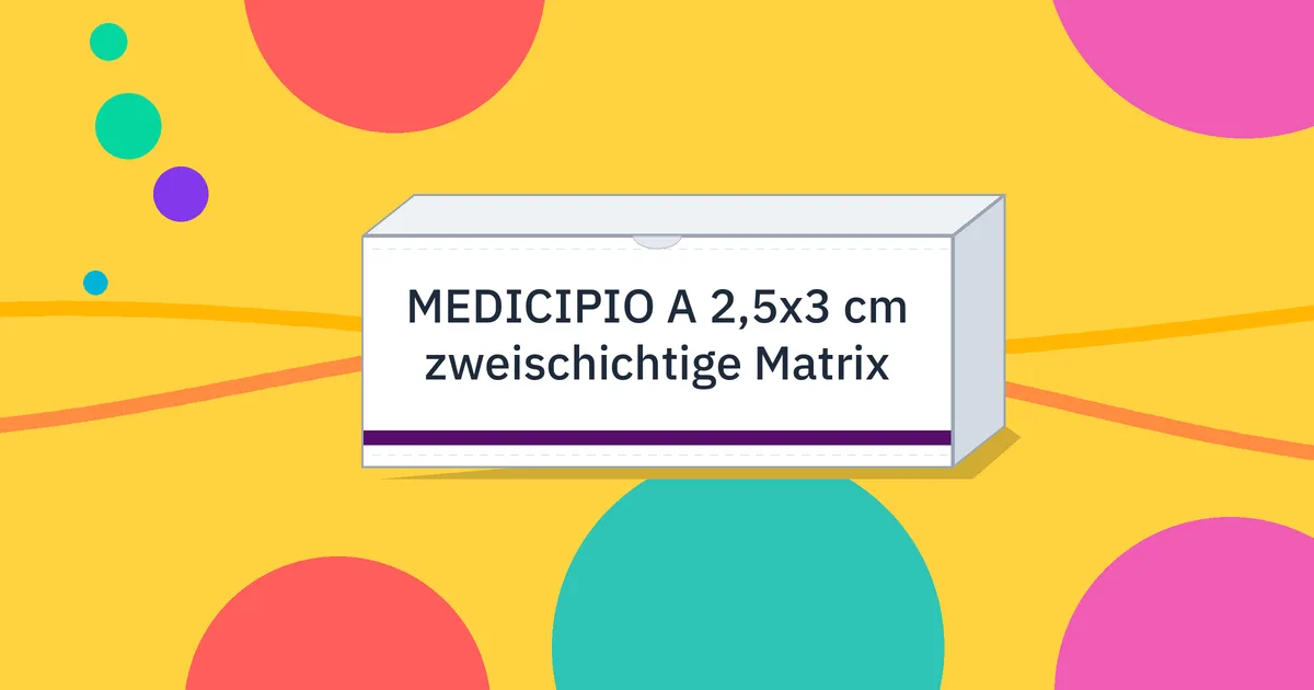 Symbolbild: Packung mit der Aufschrift MEDICIPIO A 2,5x3 cm zweischichtige Matrix (PZN 14174867) – Verfügbarkeit und Bezug in Apotheken in Frankfurt am Main