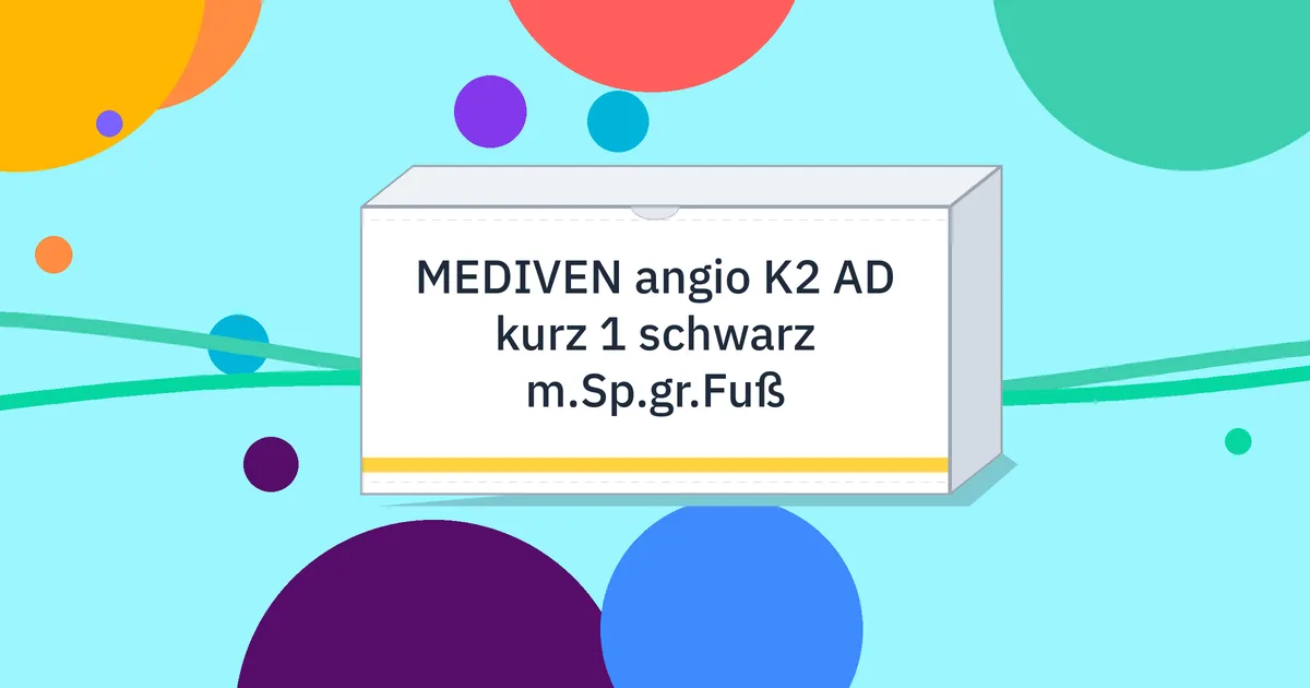 Symbolbild: Packung mit der Aufschrift MEDIVEN angio K2 AD kurz 1 schwarz m.Sp.gr.Fuß (PZN 17211184) – Verfügbarkeit und Bezug in Apotheken in Frankfurt am Main