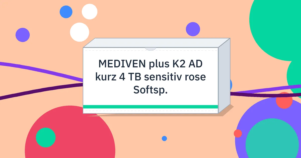 Symbolbild: Packung mit der Aufschrift MEDIVEN plus K2 AD kurz 4 TB sensitiv rose Softsp. (PZN 15106419) – Verfügbarkeit und Bezug in Apotheken in Frankfurt am Main