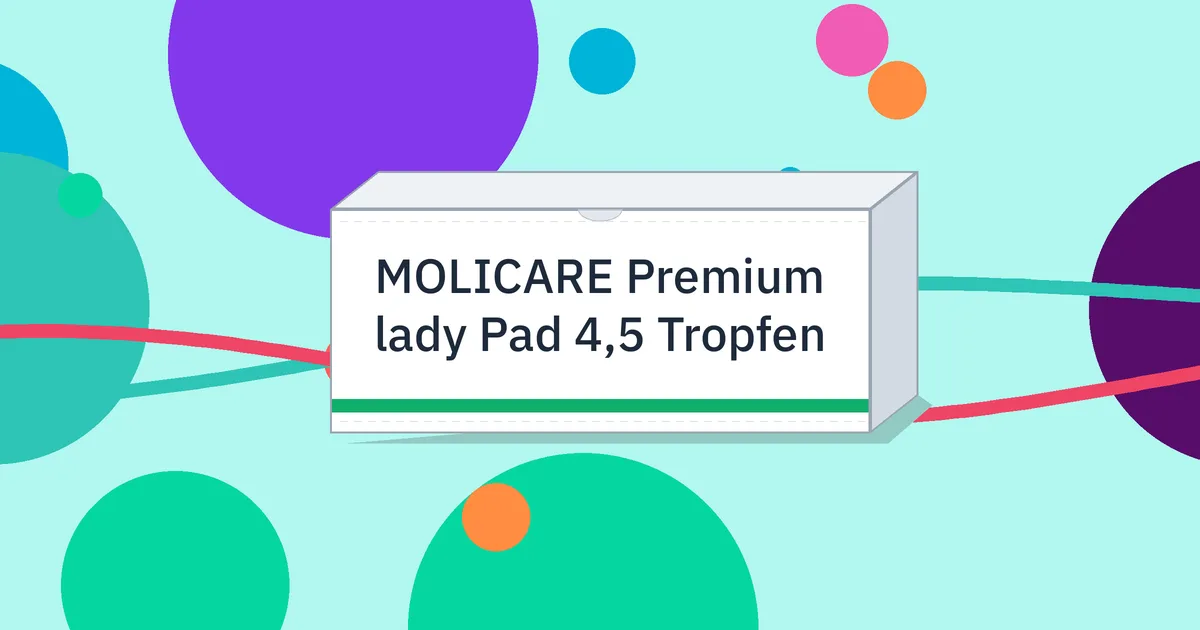 Symbolbild: Packung mit der Aufschrift MOLICARE Premium lady Pad 4,5 Tropfen (PZN 18659159) – Verfügbarkeit und Bezug in Apotheken in Frankfurt am Main