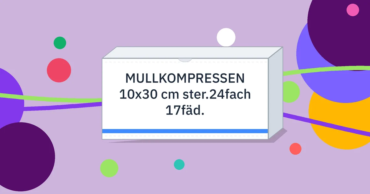 Symbolbild: Packung mit der Aufschrift MULLKOMPRESSEN 10x30 cm ster.24fach 17fäd. (PZN 06931716) – Verfügbarkeit und Bezug in Apotheken in Frankfurt am Main