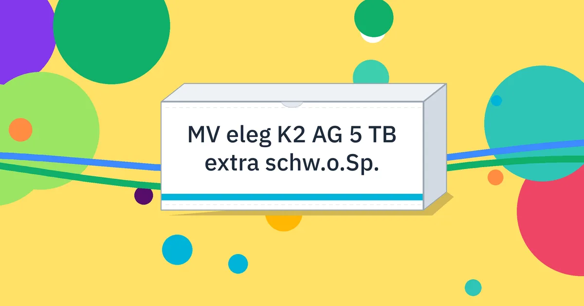 Symbolbild: Packung mit der Aufschrift MV eleg K2 AG 5 TB extra schw.o.Sp. (PZN 09877087) – Verfügbarkeit und Bezug in Apotheken in Frankfurt am Main