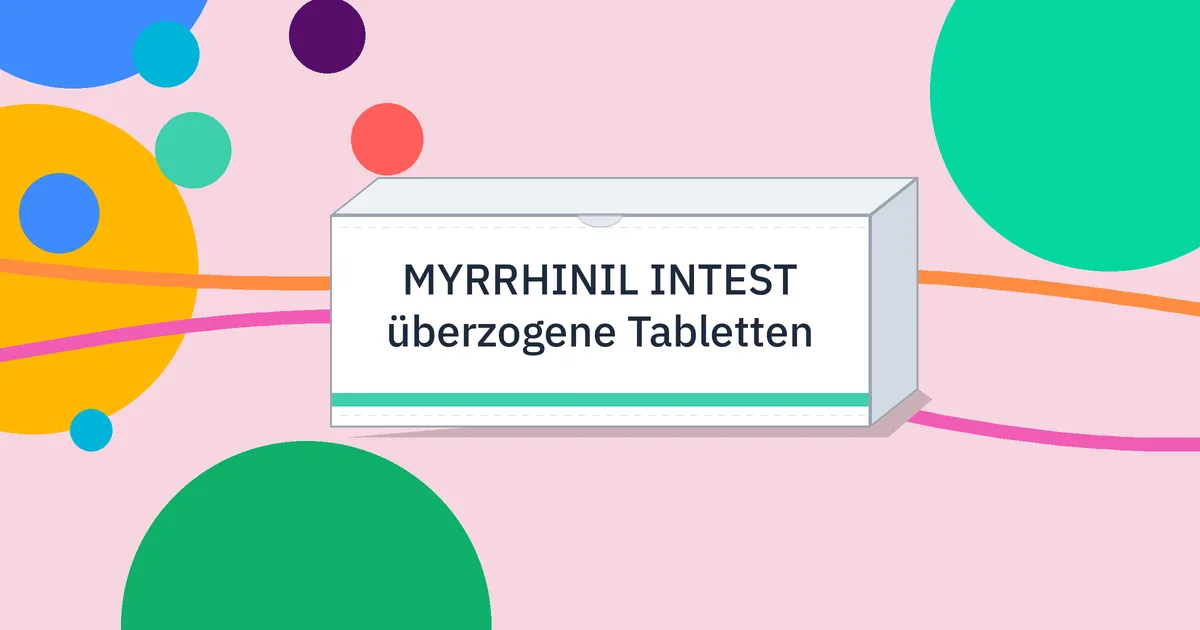 Symbolbild: Packung mit der Aufschrift MYRRHINIL INTEST überzogene Tabletten (PZN 02756251) – Verfügbarkeit und Bezug in Apotheken in Frankfurt am Main