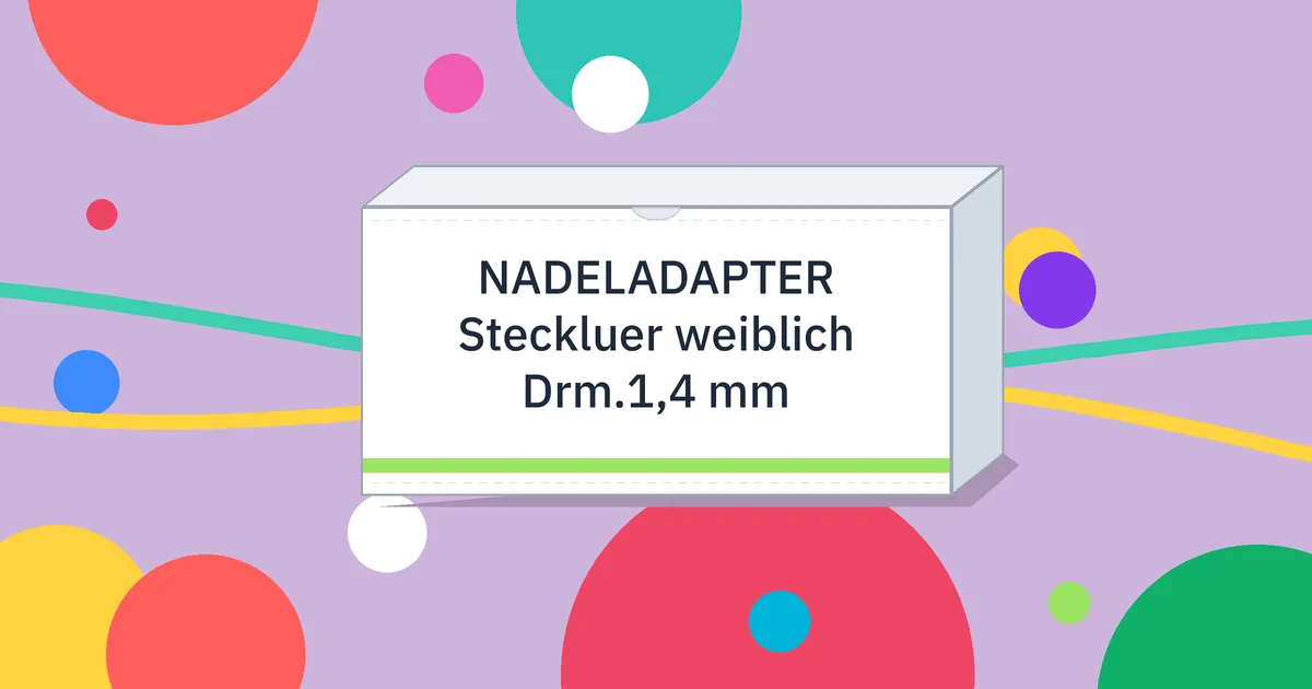 Symbolbild: Packung mit der Aufschrift NADELADAPTER Steckluer weiblich Drm.1,4 mm (PZN 00446575) – Verfügbarkeit und Bezug in Apotheken in Frankfurt am Main