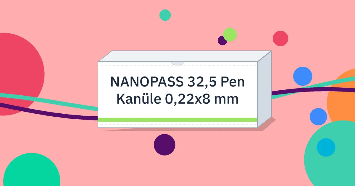 Symbolbild: Packung mit der Aufschrift NANOPASS 32,5 Pen Kanüle 0,22x8 mm (PZN 16595260) – Verfügbarkeit und Bezug in Apotheken in Frankfurt am Main