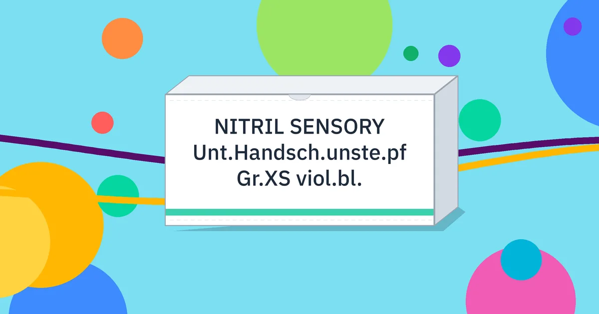 Symbolbild: Packung mit der Aufschrift NITRIL SENSORY Unt.Handsch.unste.pf Gr.XS viol.bl. (PZN 16925119) – Verfügbarkeit und Bezug in Apotheken in Frankfurt am Main