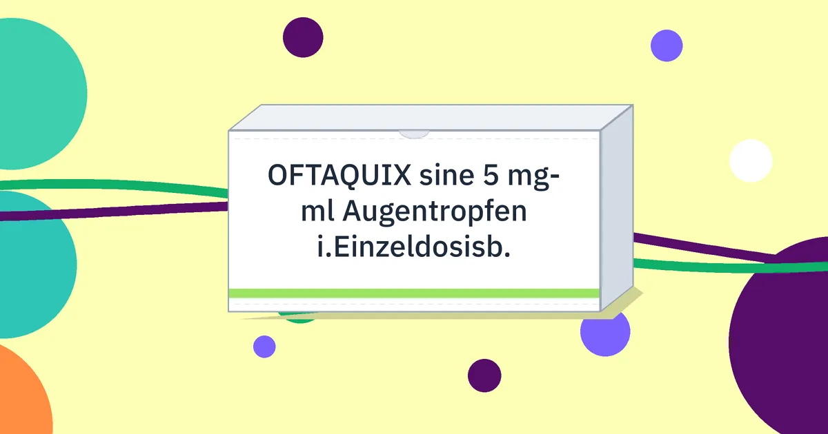 Symbolbild: Packung mit der Aufschrift OFTAQUIX sine 5 mg-ml Augentropfen i.Einzeldosisb. (PZN 11547575) – Verfügbarkeit und Bezug in Apotheken in Frankfurt am Main