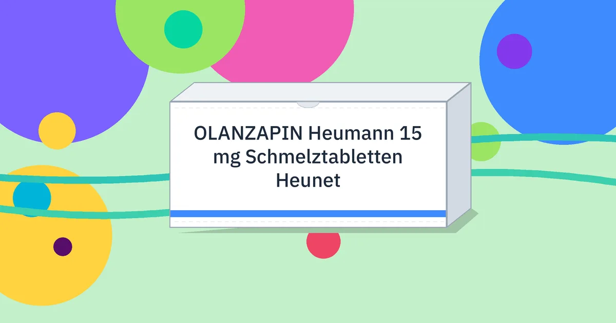 Symbolbild: Packung mit der Aufschrift OLANZAPIN Heumann 15 mg Schmelztabletten Heunet (PZN 09100186) – Verfügbarkeit und Bezug in Apotheken in Frankfurt am Main