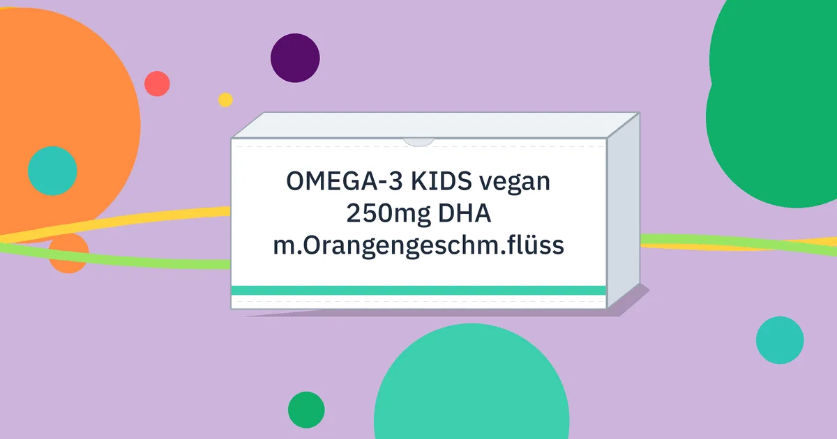 Symbolbild: Packung mit der Aufschrift OMEGA-3 KIDS vegan 250mg DHA m.Orangengeschm.flüss (PZN 20182115) – Verfügbarkeit und Bezug in Apotheken in Frankfurt am Main