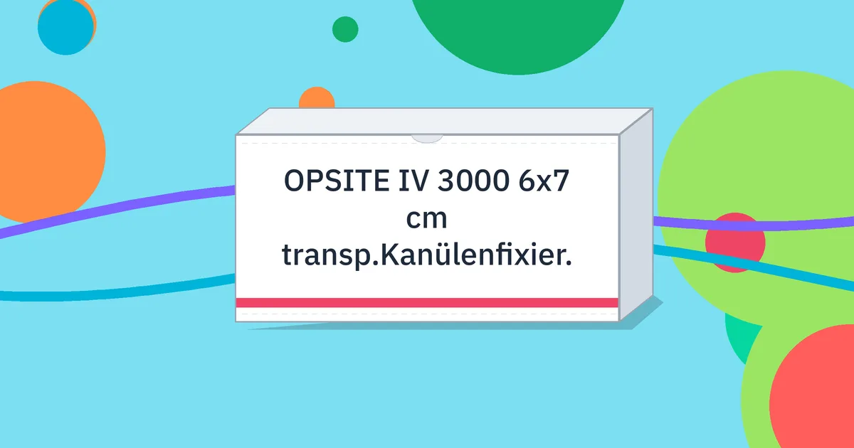 Symbolbild: Packung mit der Aufschrift OPSITE IV 3000 6x7 cm transp.Kanülenfixier. (PZN 11550933) – Verfügbarkeit und Bezug in Apotheken in Frankfurt am Main