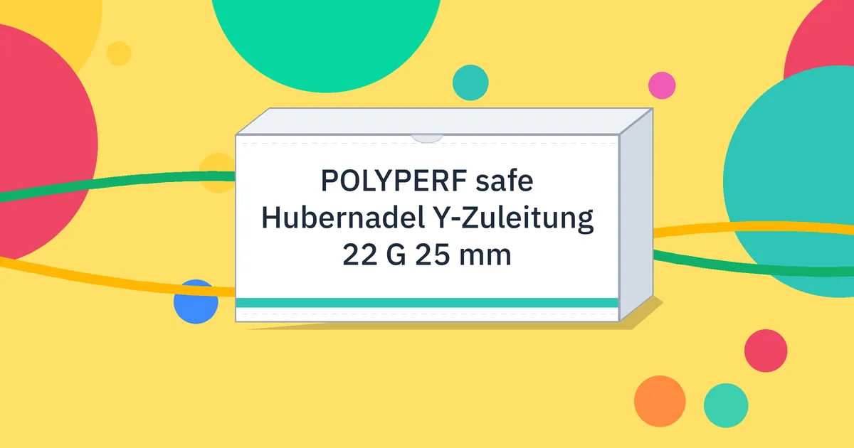 Symbolbild: Packung mit der Aufschrift POLYPERF safe Hubernadel Y-Zuleitung 22 G 25 mm (PZN 18114023) – Verfügbarkeit und Bezug in Apotheken in Frankfurt am Main