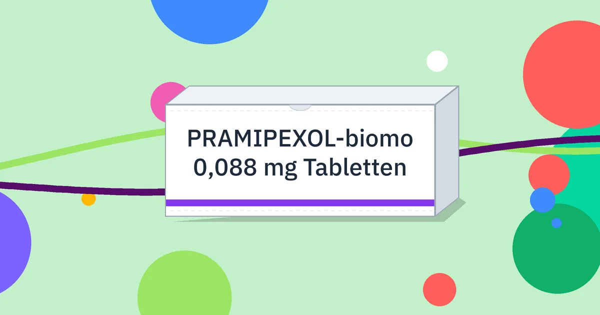 Symbolbild: Packung mit der Aufschrift PRAMIPEXOL-biomo 0,088 mg Tabletten (PZN 07519283) – Verfügbarkeit und Bezug in Apotheken in Frankfurt am Main