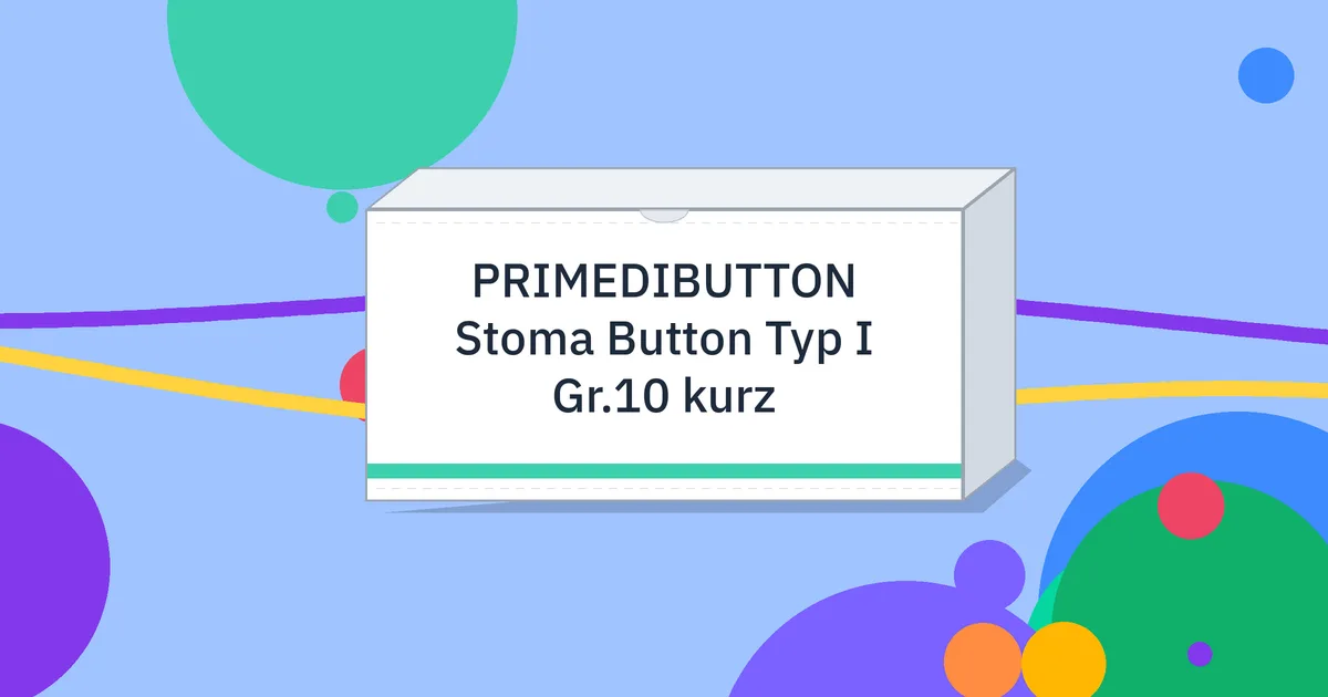 Symbolbild: Packung mit der Aufschrift PRIMEDIBUTTON Stoma Button Typ I Gr.10 kurz (PZN 10791215) – Verfügbarkeit und Bezug in Apotheken in Frankfurt am Main