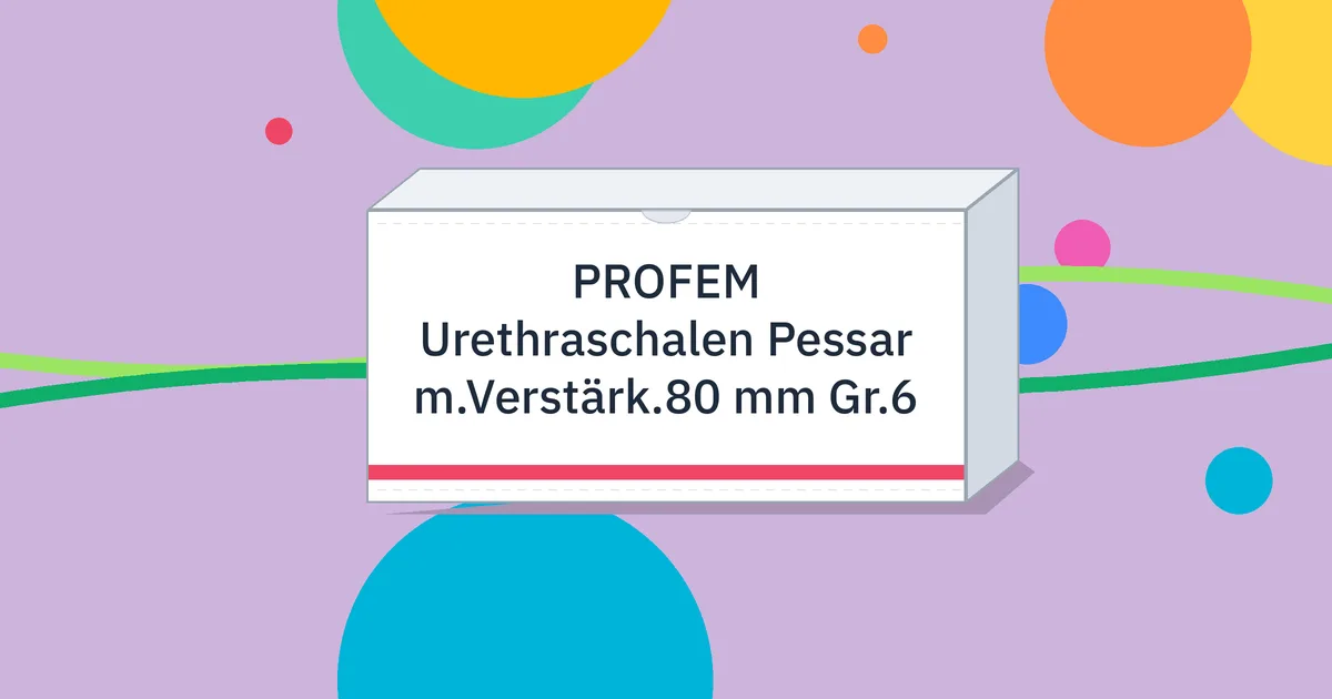 Symbolbild: Packung mit der Aufschrift PROFEM Urethraschalen Pessar m.Verstärk.80 mm Gr.6 (PZN 11672783) – Verfügbarkeit und Bezug in Apotheken in Frankfurt am Main