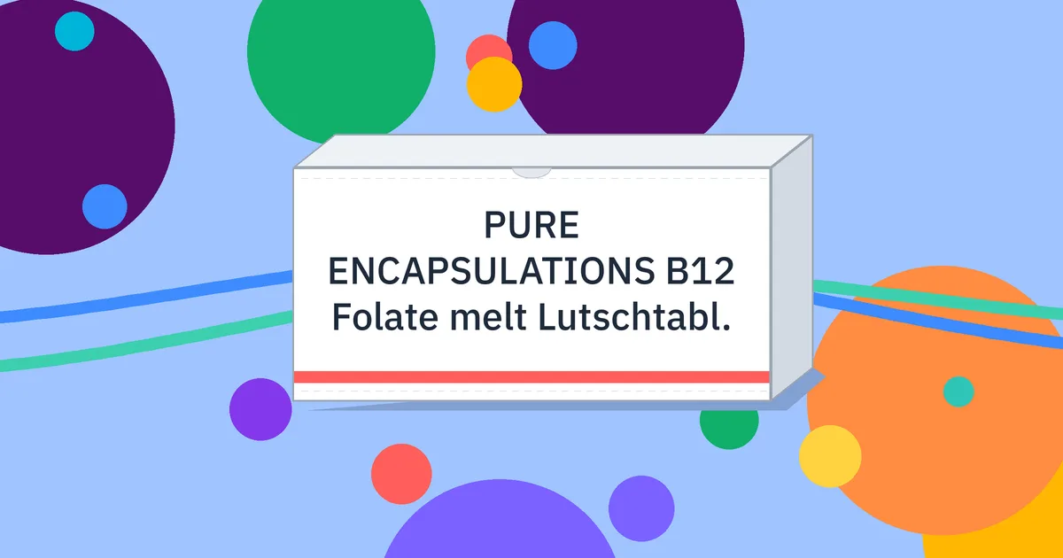 Symbolbild: Packung mit der Aufschrift PURE ENCAPSULATIONS B12 Folate melt Lutschtabl. (PZN 13821336) – Verfügbarkeit und Bezug in Apotheken in Frankfurt am Main