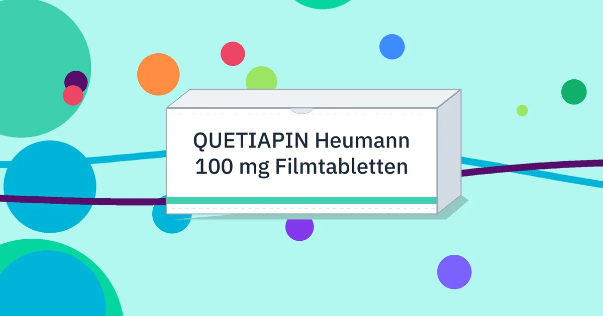 Symbolbild: Packung mit der Aufschrift QUETIAPIN Heumann 100 mg Filmtabletten (PZN 08850672) – Verfügbarkeit und Bezug in Apotheken in Frankfurt am Main