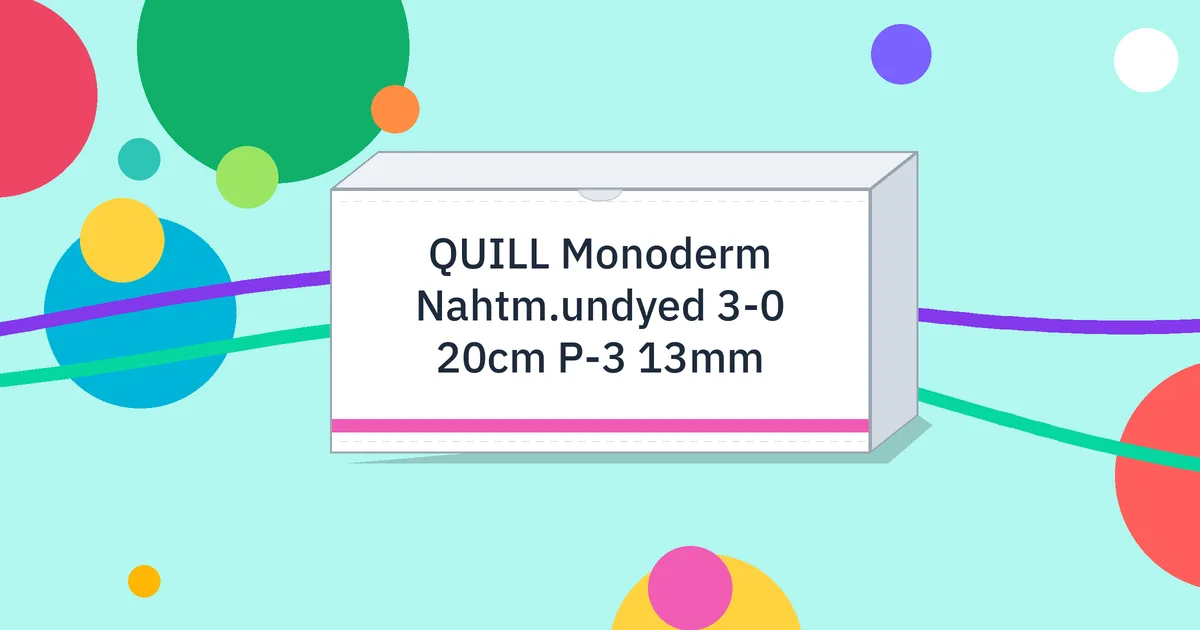 Symbolbild: Packung mit der Aufschrift QUILL Monoderm Nahtm.undyed 3-0 20cm P-3 13mm (PZN 17988323) – Verfügbarkeit und Bezug in Apotheken in Frankfurt am Main