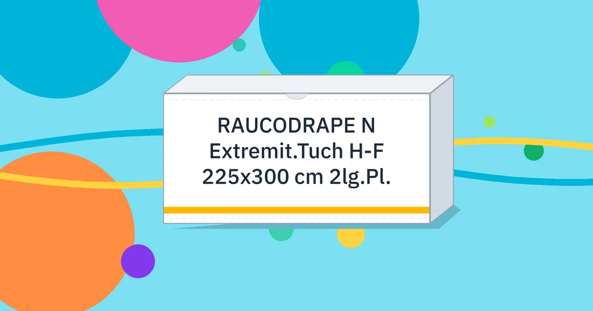 Symbolbild: Packung mit der Aufschrift RAUCODRAPE N Extremit.Tuch H-F 225x300 cm 2lg.Pl. (PZN 06680496) – Verfügbarkeit und Bezug in Apotheken in Frankfurt am Main