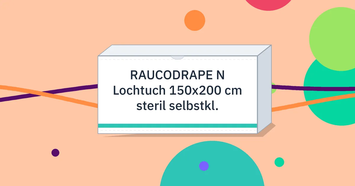 Symbolbild: Packung mit der Aufschrift RAUCODRAPE N Lochtuch 150x200 cm steril selbstkl. (PZN 06162488) – Verfügbarkeit und Bezug in Apotheken in Frankfurt am Main