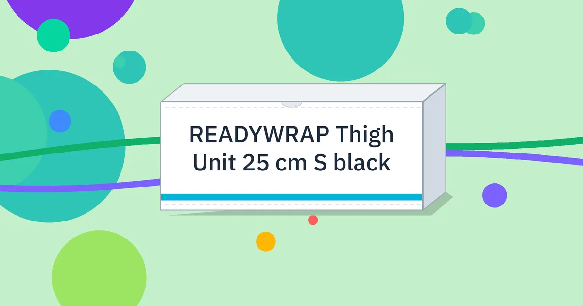 Symbolbild: Packung mit der Aufschrift READYWRAP Thigh Unit 25 cm S black (PZN 16566896) – Verfügbarkeit und Bezug in Apotheken in Frankfurt am Main