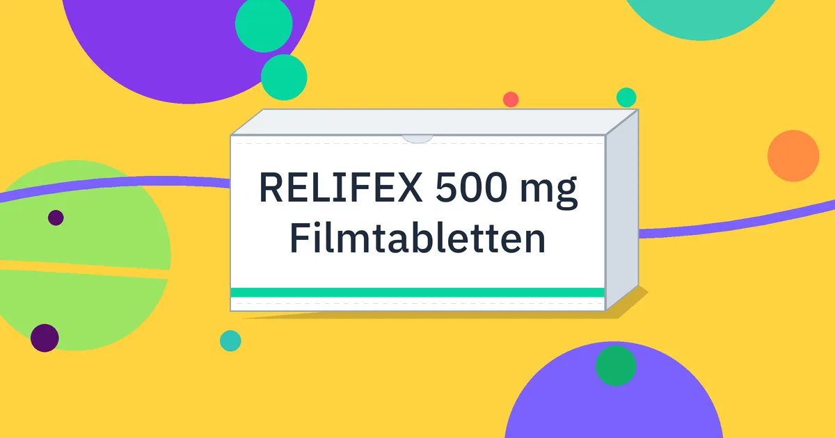 Symbolbild: Packung mit der Aufschrift RELIFEX 500 mg Filmtabletten (PZN 06643176) – Verfügbarkeit und Bezug in Apotheken in Frankfurt am Main