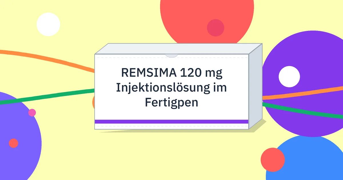 Symbolbild: Packung mit der Aufschrift REMSIMA 120 mg Injektionslösung im Fertigpen (PZN 19500975) – Verfügbarkeit und Bezug in Apotheken in Frankfurt am Main