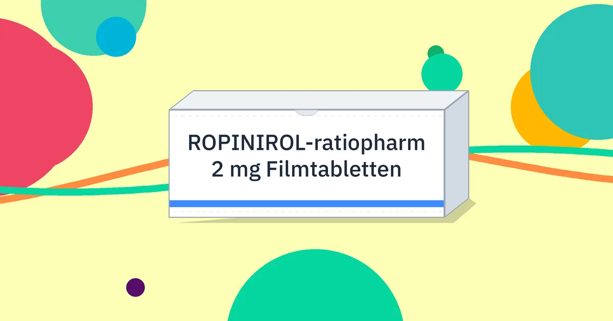 Symbolbild: Packung mit der Aufschrift ROPINIROL-ratiopharm 2 mg Filmtabletten (PZN 03391768) – Verfügbarkeit und Bezug in Apotheken in Frankfurt am Main
