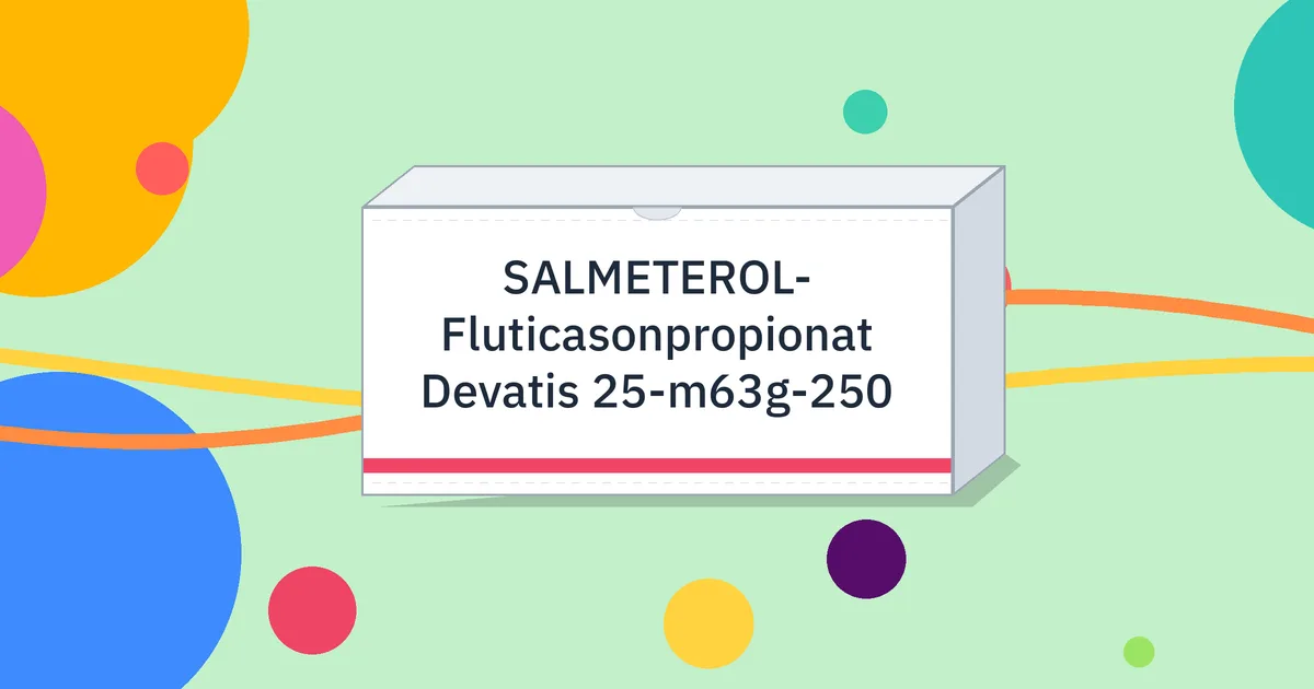 Symbolbild: Packung mit der Aufschrift SALMETEROL-Fluticasonpropionat Devatis 25-m63g-250 (PZN 16517099) – Verfügbarkeit und Bezug in Apotheken in Frankfurt am Main