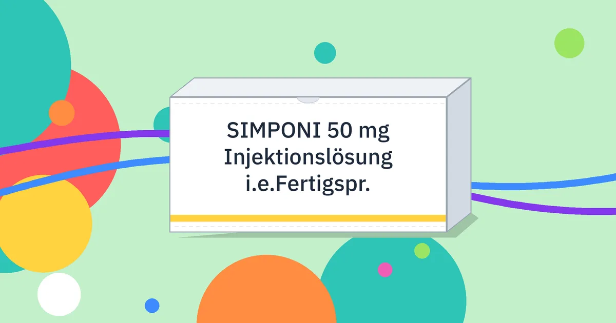 Symbolbild: Packung mit der Aufschrift SIMPONI 50 mg Injektionslösung i.e.Fertigspr. (PZN 03297727) – Verfügbarkeit und Bezug in Apotheken in Frankfurt am Main