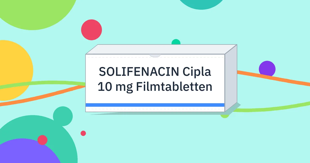 Symbolbild: Packung mit der Aufschrift SOLIFENACIN Cipla 10 mg Filmtabletten (PZN 16138485) – Verfügbarkeit und Bezug in Apotheken in Frankfurt am Main