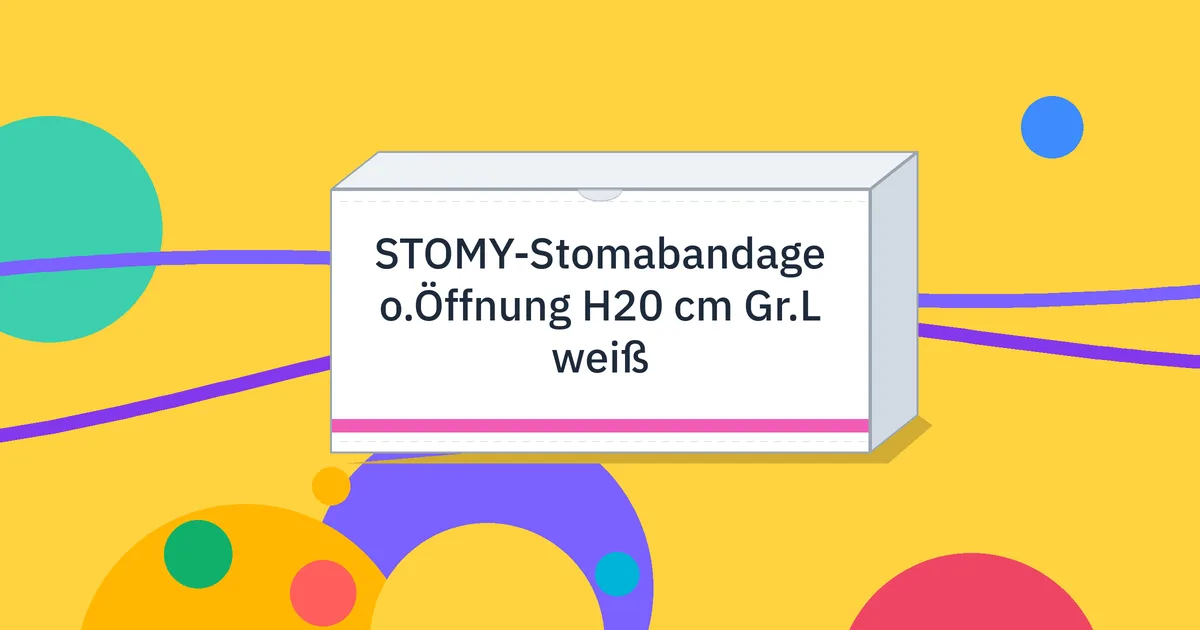 Symbolbild: Packung mit der Aufschrift STOMY-Stomabandage o.Öffnung H20 cm Gr.L weiß (PZN 16751406) – Verfügbarkeit und Bezug in Apotheken in Frankfurt am Main