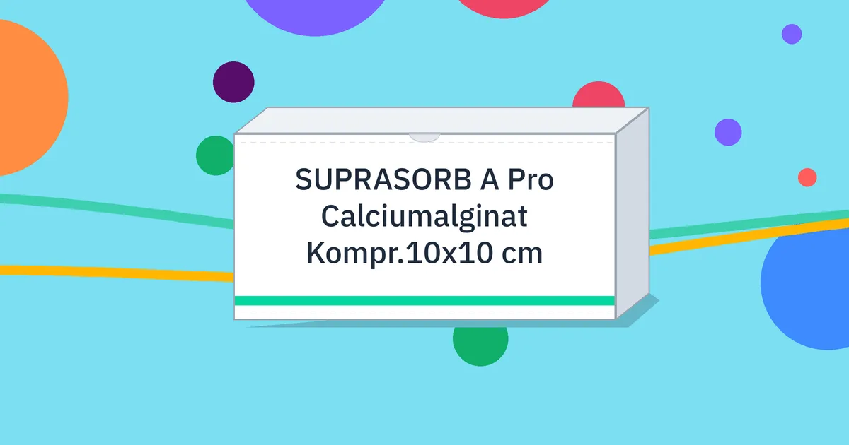 Symbolbild: Packung mit der Aufschrift SUPRASORB A Pro Calciumalginat Kompr.10x10 cm (PZN 10174965) – Verfügbarkeit und Bezug in Apotheken in Frankfurt am Main
