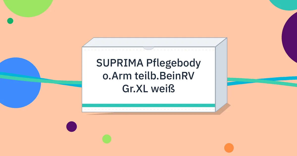 Symbolbild: Packung mit der Aufschrift SUPRIMA Pflegebody o.Arm teilb.BeinRV Gr.XL weiß (PZN 06477884) – Verfügbarkeit und Bezug in Apotheken in Frankfurt am Main